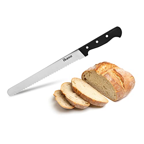 ikasu 10 inch Bread Slicer Knife | Ultra-Sharp German High Carbon Stainless Steel Serrated Edges, Full Tang Blade | Durable Luxury Pakka Wood Handle