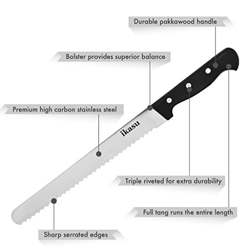 ikasu 10 inch Bread Slicer Knife | Ultra-Sharp German High Carbon Stainless Steel Serrated Edges, Full Tang Blade | Durable Luxury Pakka Wood Handle