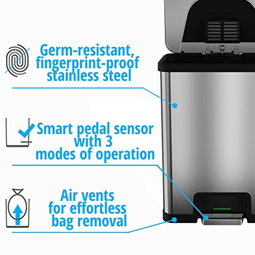 iTouchless AutoStep 13 Gallon Automatic Step Sensor Trash Can with AbsorbX Odor Control System and AC Adapter, Stainless Steel Kitchen Pedal Touchless Garbage Bin (Battery-Free Operation)