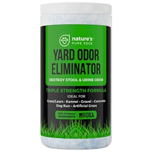 "nature's pure edge,yard odor eliminator. perfect for artificial grass, patio, kennel, and lawn. instantly removes stool and urine odor. long lasting. kid and pet safe.