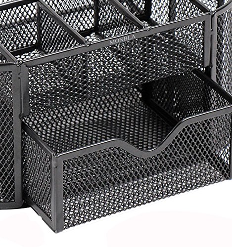 MONBLA Desk Supplies Organizer Multi-functional Stationery Caddy Mesh Oval Pencil Holder Desk Office Supplies Organizer 9 Compartments with Drawer for Note Pads Black