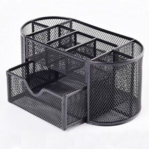 MONBLA Desk Supplies Organizer Multi-functional Stationery Caddy Mesh Oval Pencil Holder Desk Office Supplies Organizer 9 Compartments with Drawer for Note Pads Black