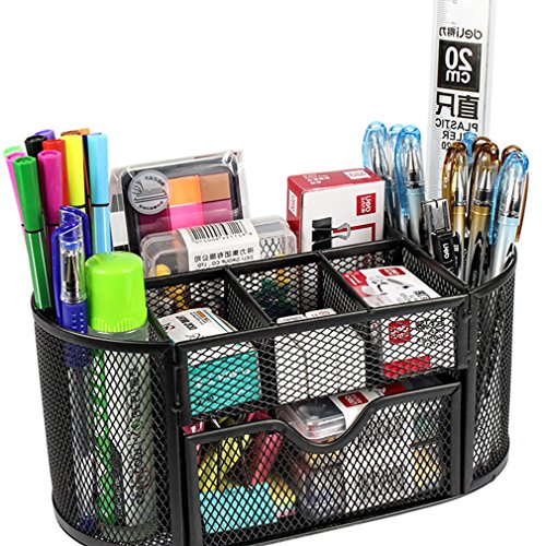 MONBLA Desk Supplies Organizer Multi-functional Stationery Caddy Mesh Oval Pencil Holder Desk Office Supplies Organizer 9 Compartments with Drawer for Note Pads Black