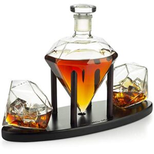 the wine savant diamond whiskey decanter l with 2 diamond glasses liquor, scotch, rum, bourbon, vodka, tequila decanter (750 ml decanter)