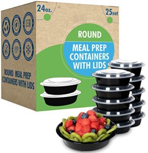 meal prep container reusable with lids [25 set- 24oz] round ideal-lunch container, food prep containers, food storage bento box, portion control | stackable | microwave | dishwasher | freezer safe.