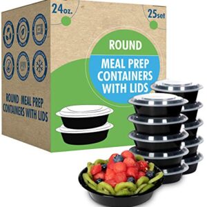 Meal Prep Container Reusable with Lids [25 Set- 24oz] Round Ideal-Lunch Container, Food Prep Containers, Food Storage Bento Box, Portion Control | Stackable | Microwave | Dishwasher | Freezer Safe.