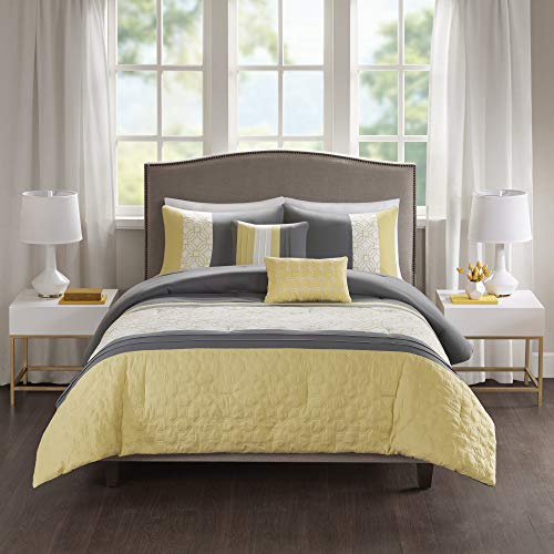 510 DESIGN Cozy Comforter Set - Geometric Honeycomb Design, All Season Down Alternative Casual Bedding with Matching Shams, Decorative Pillows, King/Cal King (104"x92"), Yellow/Grey 5 Piece