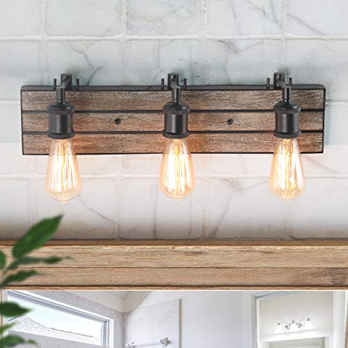 LOG BARN Vanity Lights, Bathroom Fixtures in Rustic Wood and Oil Rubbed Metal Finish, Farmhouse Wall Sconces with Adjustable Sockets Over Mirrors