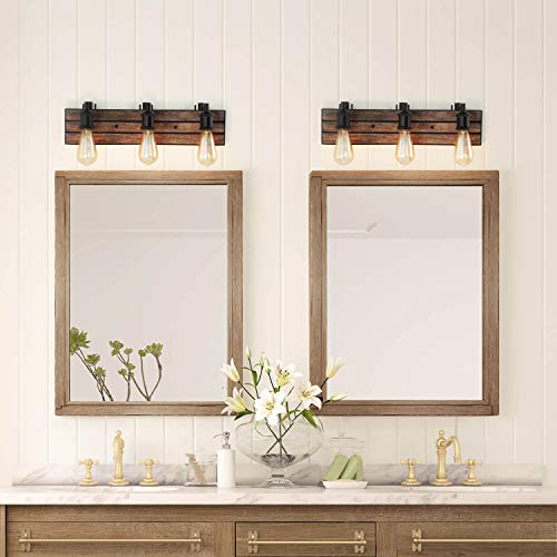 LOG BARN Vanity Lights, Bathroom Fixtures in Rustic Wood and Oil Rubbed Metal Finish, Farmhouse Wall Sconces with Adjustable Sockets Over Mirrors