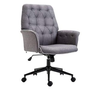 vinsetto modern mid-back tufted linen home office desk chair with adjustable height, swivel adjustable task chair with padded armrests, dark grey