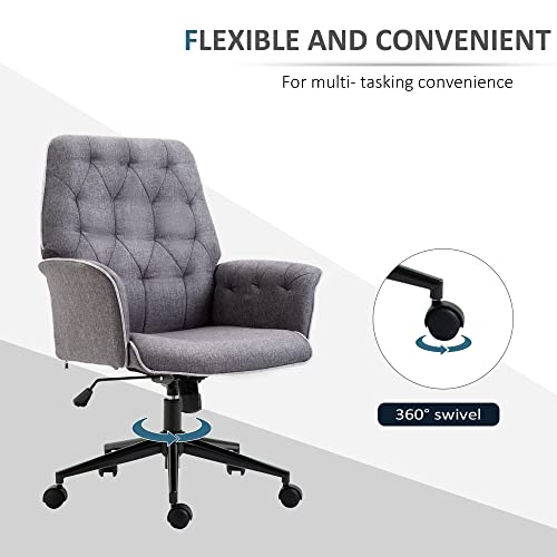 Vinsetto Modern Mid-Back Tufted Linen Home Office Desk Chair with Adjustable Height, Swivel Adjustable Task Chair with Padded Armrests, Dark Grey