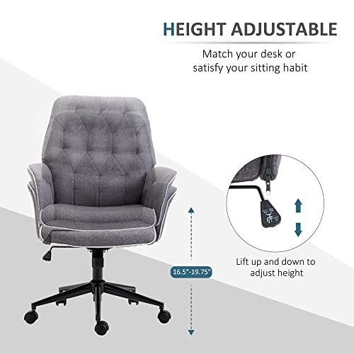 Vinsetto Modern Mid-Back Tufted Linen Home Office Desk Chair with Adjustable Height, Swivel Adjustable Task Chair with Padded Armrests, Dark Grey