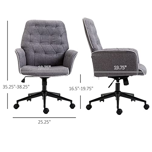 Vinsetto Modern Mid-Back Tufted Linen Home Office Desk Chair with Adjustable Height, Swivel Adjustable Task Chair with Padded Armrests, Dark Grey