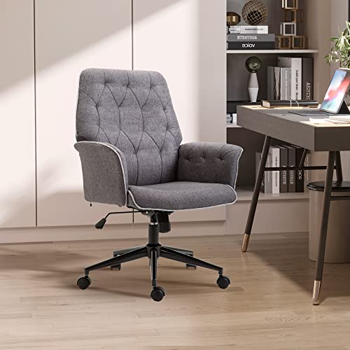 Vinsetto Modern Mid-Back Tufted Linen Home Office Desk Chair with Adjustable Height, Swivel Adjustable Task Chair with Padded Armrests, Dark Grey