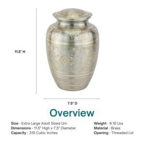 Platinum Elegance Cremation Urn for Ashes in Extra Large, Brass, Silver Urn, Extra Large Adult Sized Cremation Urn, 11.5 Inches High