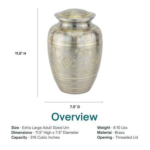 Platinum Elegance Cremation Urn for Ashes in Extra Large, Brass, Silver Urn, Extra Large Adult Sized Cremation Urn, 11.5 Inches High