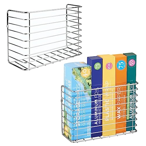 mDesign Steel Metal Wire Wall Mount Kitchen Storage Organizer Basket - Cabinet Door Holder Bins for Bags, Tin Foil, Wax Paper, Cling Wrap - Concerto Collection - 2 Pack - Chrome