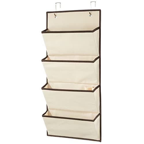 mDesign Soft Fabric Over The Door Hanging Storage Organizer with 4 Large Pockets for Closets in Bedrooms, Hallway, Entryway, Mudroom - Hooks Included - Cream/Espresso Brown