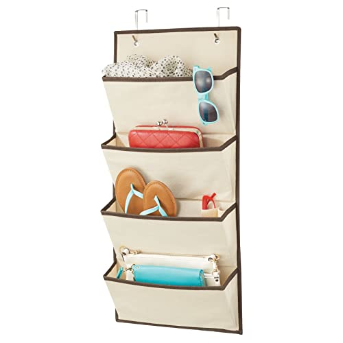 mDesign Soft Fabric Over The Door Hanging Storage Organizer with 4 Large Pockets for Closets in Bedrooms, Hallway, Entryway, Mudroom - Hooks Included - Cream/Espresso Brown