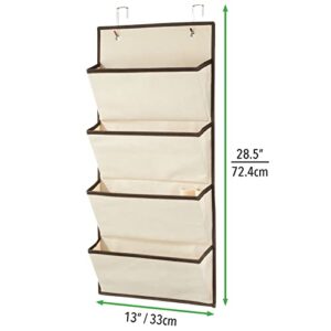 mDesign Soft Fabric Over The Door Hanging Storage Organizer with 4 Large Pockets for Closets in Bedrooms, Hallway, Entryway, Mudroom - Hooks Included - Cream/Espresso Brown