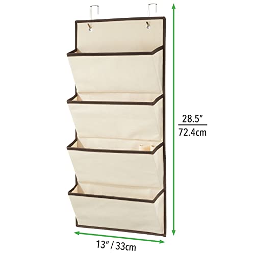 mDesign Soft Fabric Over The Door Hanging Storage Organizer with 4 Large Pockets for Closets in Bedrooms, Hallway, Entryway, Mudroom - Hooks Included - Cream/Espresso Brown