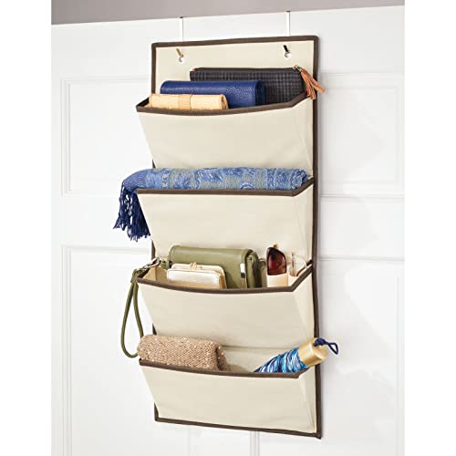 mDesign Soft Fabric Over The Door Hanging Storage Organizer with 4 Large Pockets for Closets in Bedrooms, Hallway, Entryway, Mudroom - Hooks Included - Cream/Espresso Brown