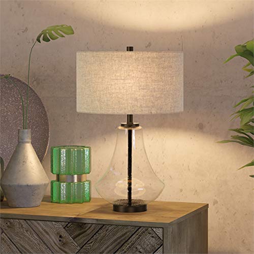 Lagos 23" Tall Table Lamp with Fabric Shade in Seeded Glass/Antique Bronze/Flax