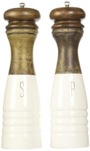 mud pie farmhouse wood and enamel mills salt and pepper set, 10 1/2" x 3" dia, white, brown