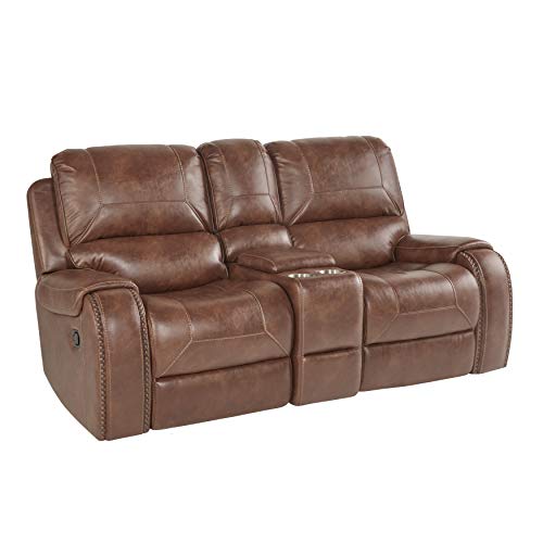 Roundhill Furniture Achern Brown Leather-Air Nailhead Manual Reclining Loveseat with Storage Console