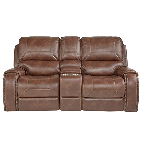 Roundhill Furniture Achern Brown Leather-Air Nailhead Manual Reclining Loveseat with Storage Console