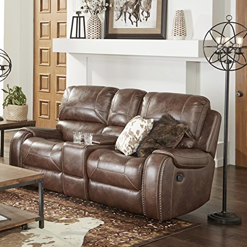 Roundhill Furniture Achern Brown Leather-Air Nailhead Manual Reclining Loveseat with Storage Console