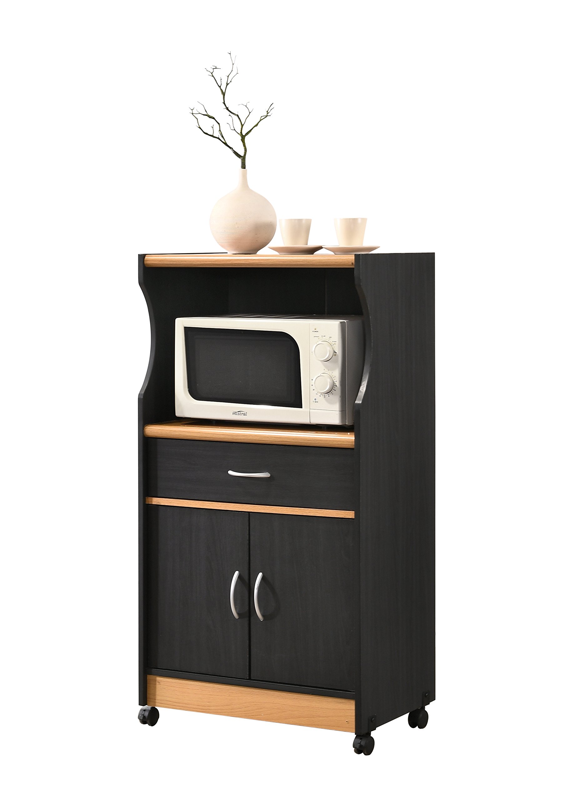 HODEDAH IMPORT Microwave Cart with One Drawer, Two Doors, and Shelf for Storage, Black-Beech.