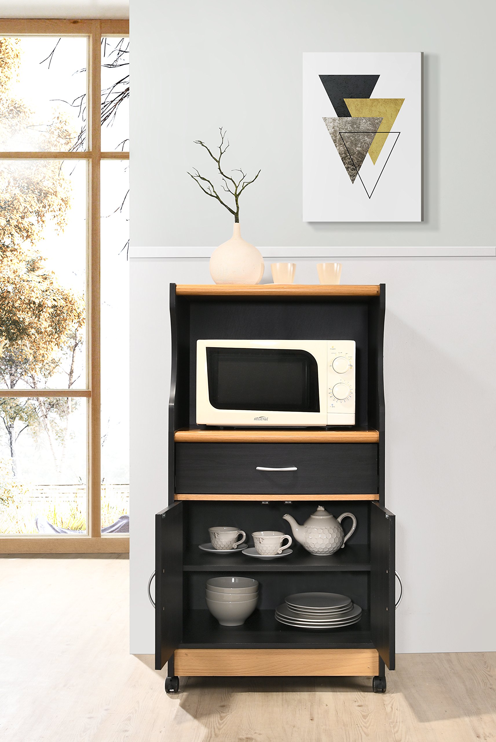 HODEDAH IMPORT Microwave Cart with One Drawer, Two Doors, and Shelf for Storage, Black-Beech.