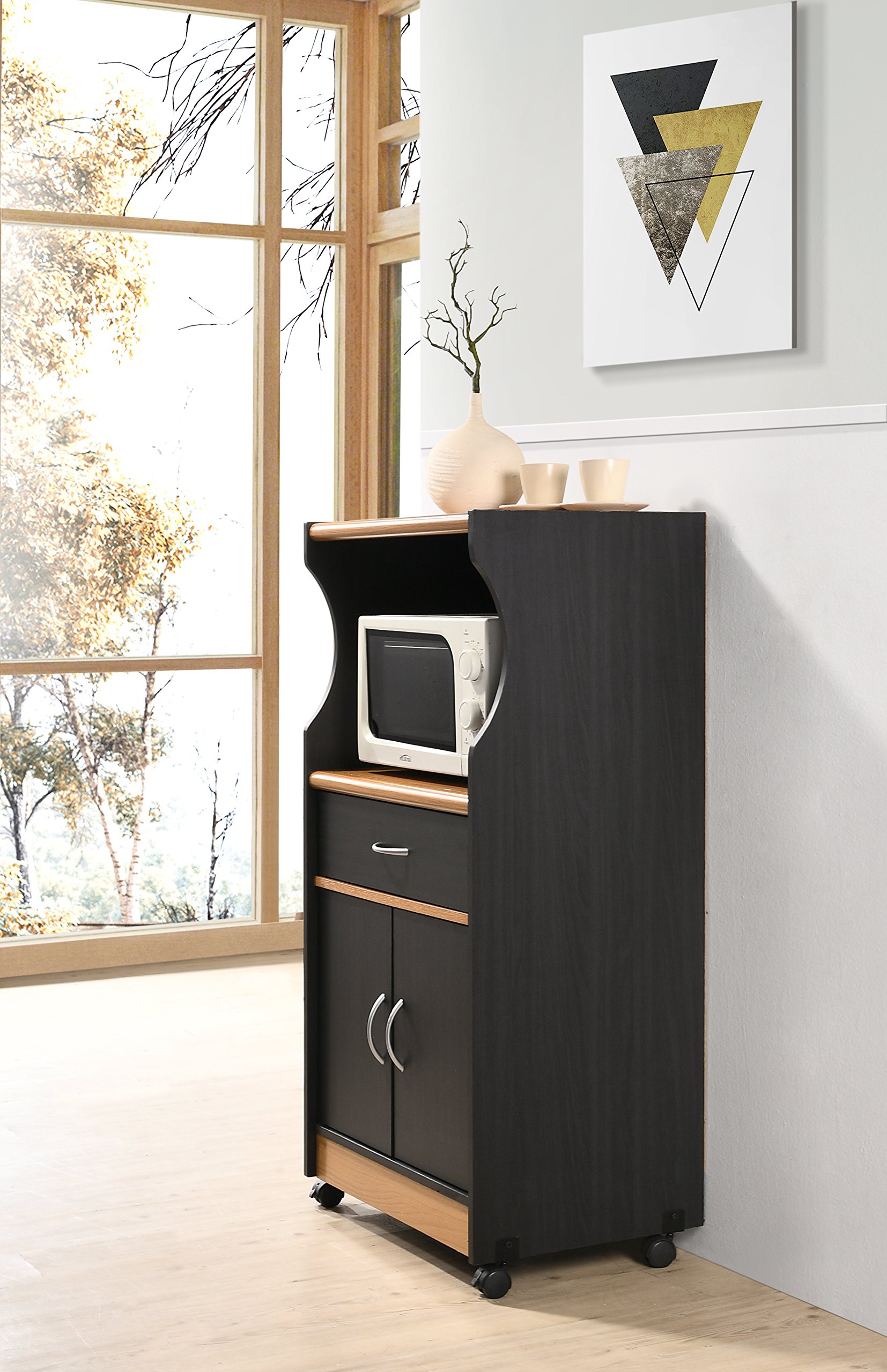 HODEDAH IMPORT Microwave Cart with One Drawer, Two Doors, and Shelf for Storage, Black-Beech.