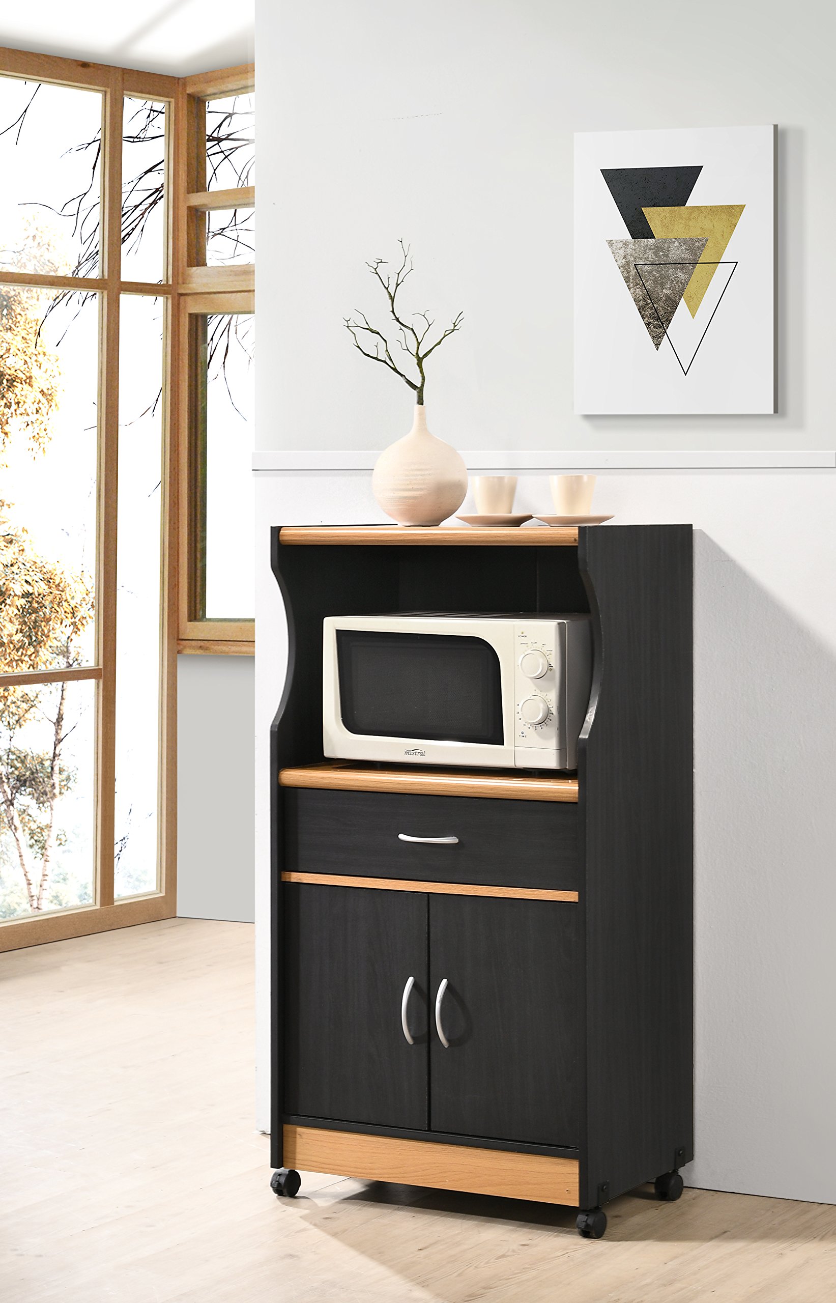 HODEDAH IMPORT Microwave Cart with One Drawer, Two Doors, and Shelf for Storage, Black-Beech.