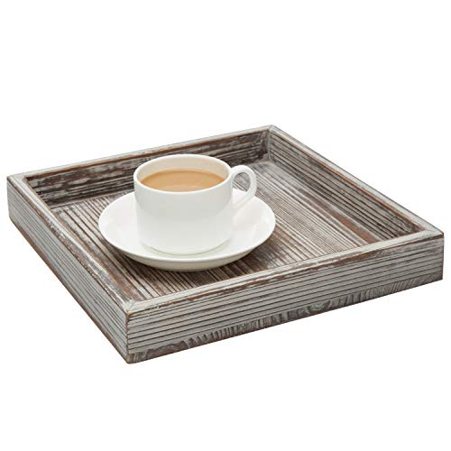 MyGift Rustic Solid Torched Wood Decorative Serving Tray, 10 Inch Square Versatile Breakfast Ottoman Coffee Table Tray Spring Tray Home Decor