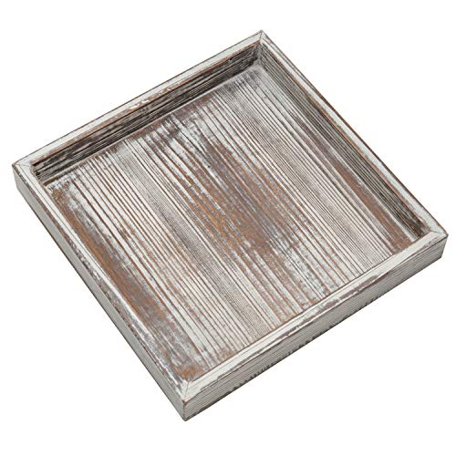 MyGift Rustic Solid Torched Wood Decorative Serving Tray, 10 Inch Square Versatile Breakfast Ottoman Coffee Table Tray Spring Tray Home Decor