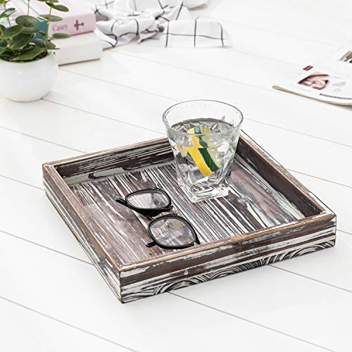 MyGift Rustic Solid Torched Wood Decorative Serving Tray, 10 Inch Square Versatile Breakfast Ottoman Coffee Table Tray Spring Tray Home Decor