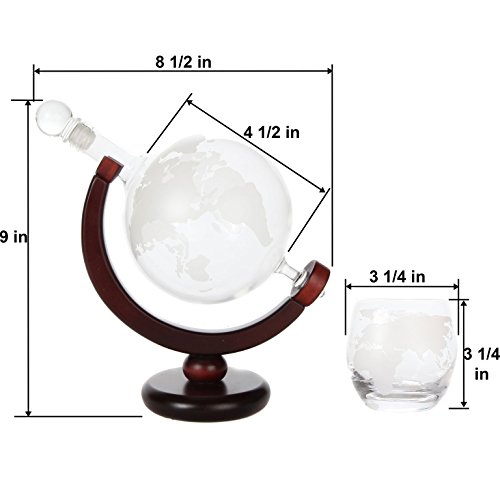 Lily's Home World Globe Whiskey Decanter with Dark Finished Wood Stand, Bar Funnel, and 2 Matching Glasses (850 ml)