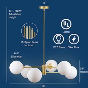 Linea di Liara Caserti Gold Sputnik Chandelier Modern Ceiling Light 6 Glass Globe Lights Mid Century Modern Chandelier for Dining Room Kitchen Bedroom Sputnik Light Fixture, UL Listed