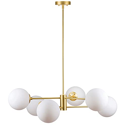 Linea di Liara Caserti Gold Sputnik Chandelier Modern Ceiling Light 6 Glass Globe Lights Mid Century Modern Chandelier for Dining Room Kitchen Bedroom Sputnik Light Fixture, UL Listed