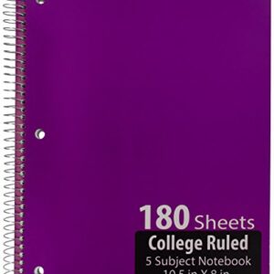 Emraw 5 Subject Notebook Spiral with 180 Sheets of College Ruled White Paper - Set Includes: Red, Black, Purple, & Blue Covers (Random 3 Pack)