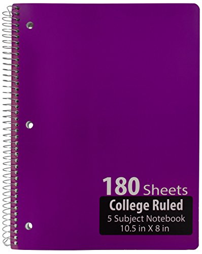 Emraw 5 Subject Notebook Spiral with 180 Sheets of College Ruled White Paper - Set Includes: Red, Black, Purple, & Blue Covers (Random 3 Pack)