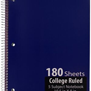 Emraw 5 Subject Notebook Spiral with 180 Sheets of College Ruled White Paper - Set Includes: Red, Black, Purple, & Blue Covers (Random 3 Pack)