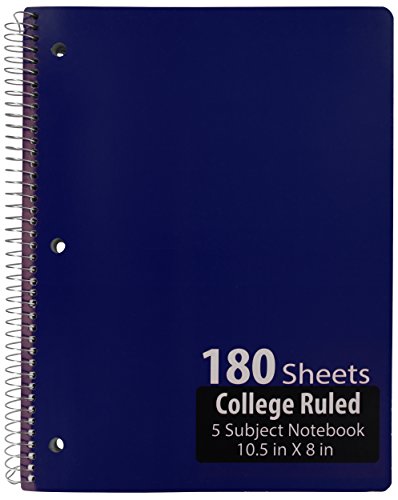 Emraw 5 Subject Notebook Spiral with 180 Sheets of College Ruled White Paper - Set Includes: Red, Black, Purple, & Blue Covers (Random 3 Pack)