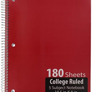 Emraw 5 Subject Notebook Spiral with 180 Sheets of College Ruled White Paper - Set Includes: Red, Black, Purple, & Blue Covers (Random 3 Pack)