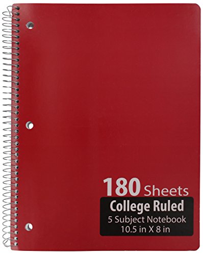 Emraw 5 Subject Notebook Spiral with 180 Sheets of College Ruled White Paper - Set Includes: Red, Black, Purple, & Blue Covers (Random 3 Pack)