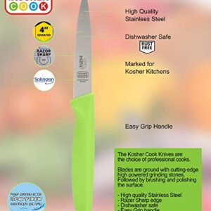 The Kosher Cook Parve Green Kitchen Knife - 4” Steak and Vegetable Knife - Razor Sharp Pointed Tip, Serrated Edge - Color Coded Kitchen Tools