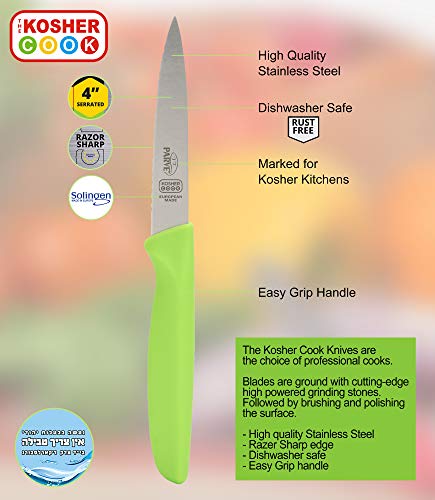 The Kosher Cook Parve Green Kitchen Knife - 4” Steak and Vegetable Knife - Razor Sharp Pointed Tip, Serrated Edge - Color Coded Kitchen Tools