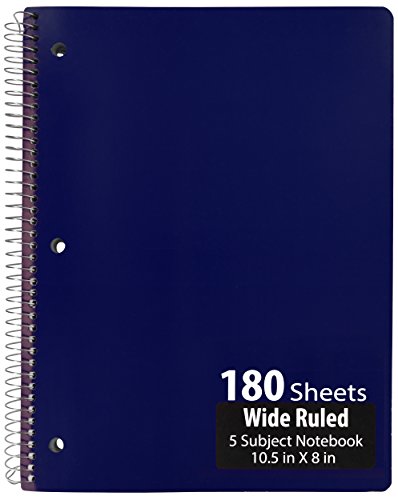 Emraw 5 Subject Notebook Spiral with 180 Sheets of Wide Ruled White Paper - Set Includes: Red, Black, Purple, & Blue Covers (Random 2-Pack)